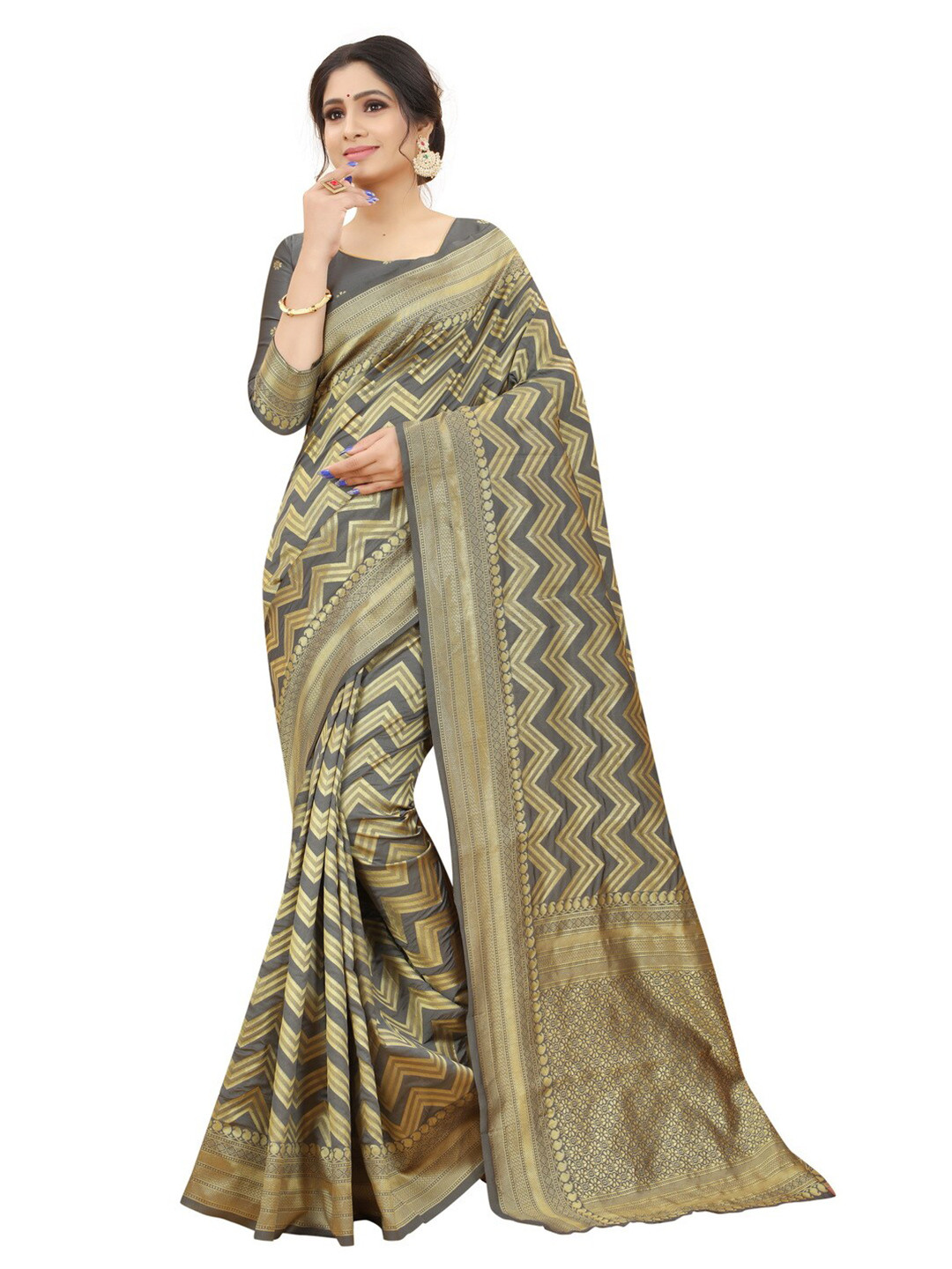 Buy MOKSHA DESIGNS Grey Melange & Gold Toned Woven Design Zari Pure ...