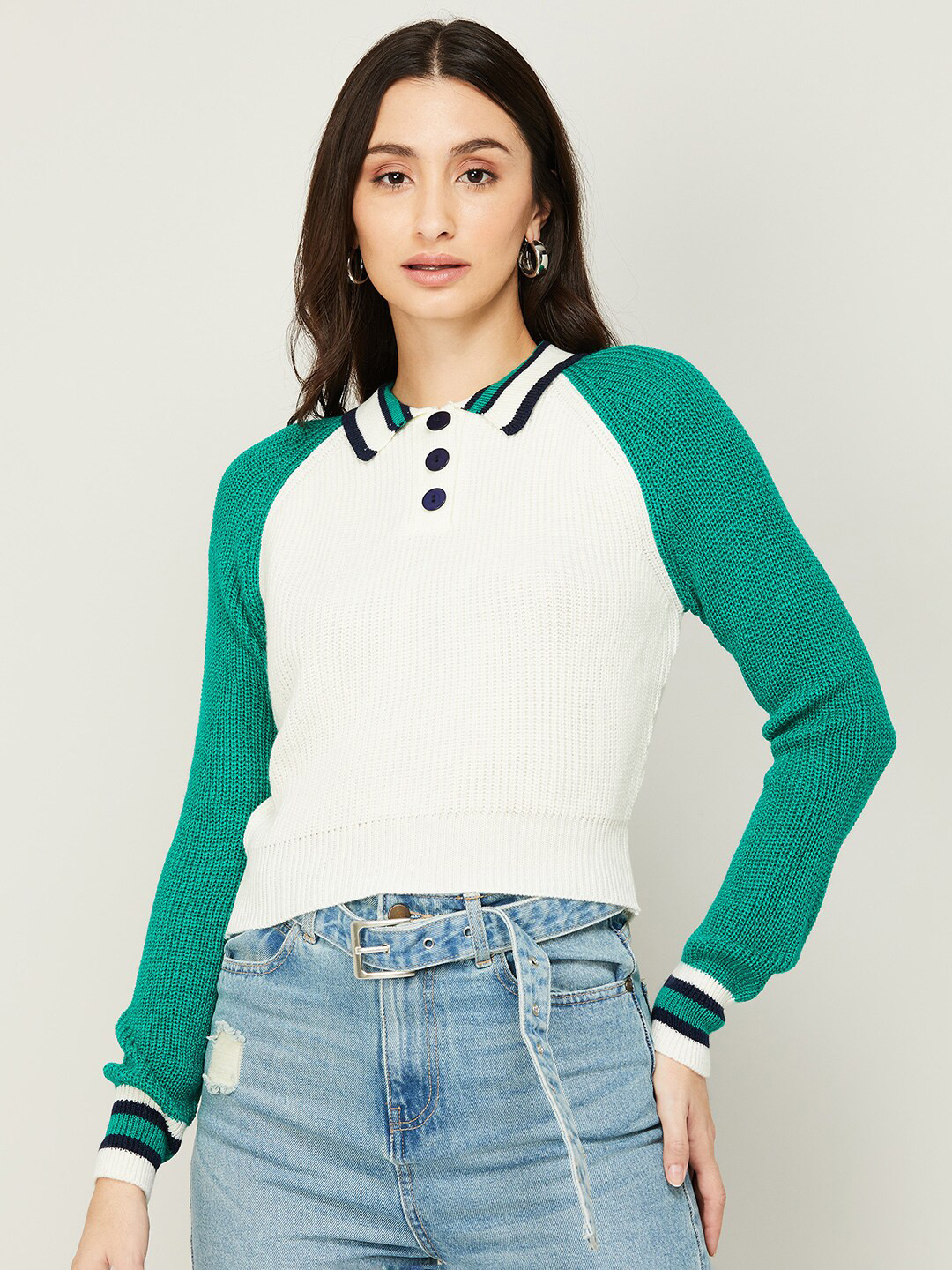 Buy Ginger By Lifestyle Women White & Green Pullover - Sweaters for ...