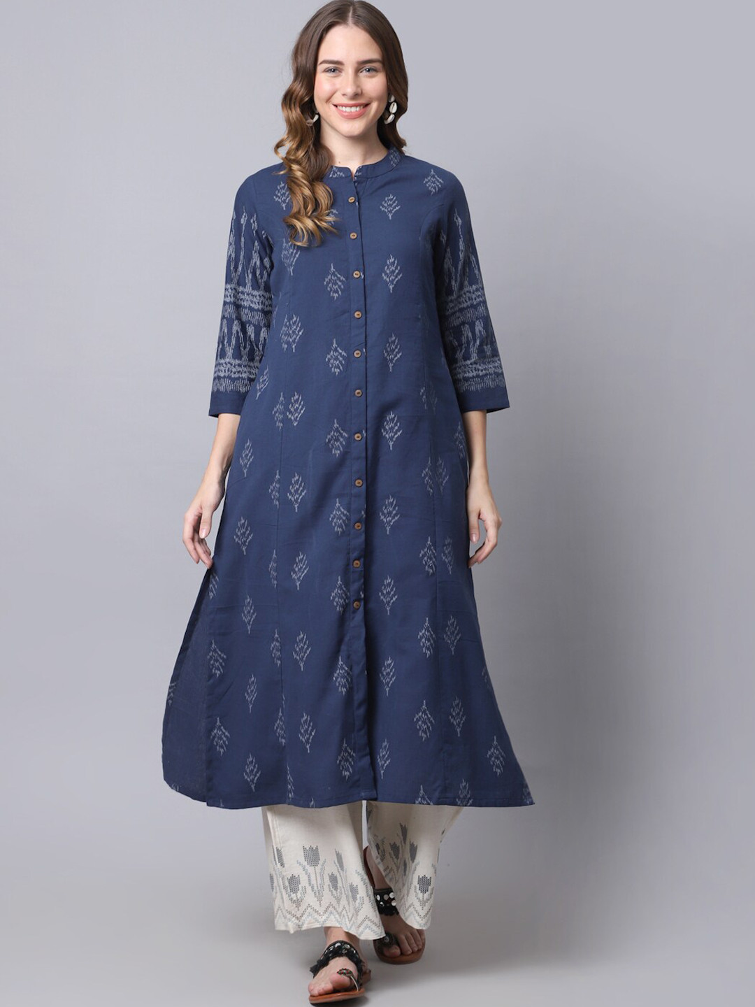 Buy Pistaa Women Navy Blue Printed Pleated Kurta With Palazzos - Kurta ...