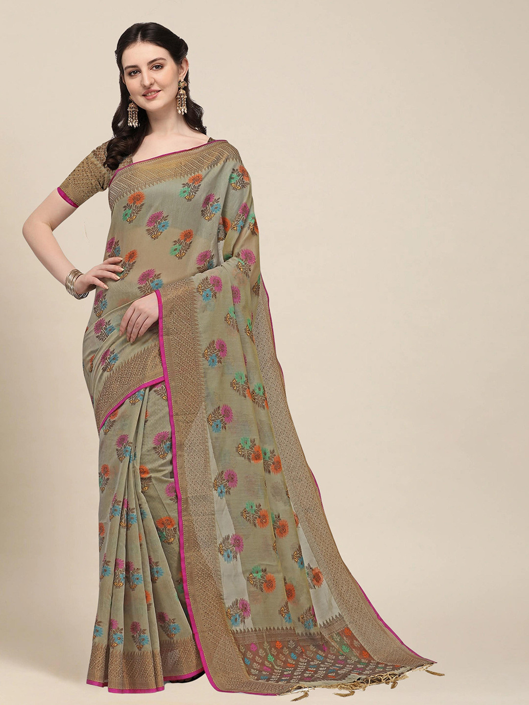 Buy MS RETAIL Grey Melange & Pink Floral Zari Pure Cotton Fusion ...