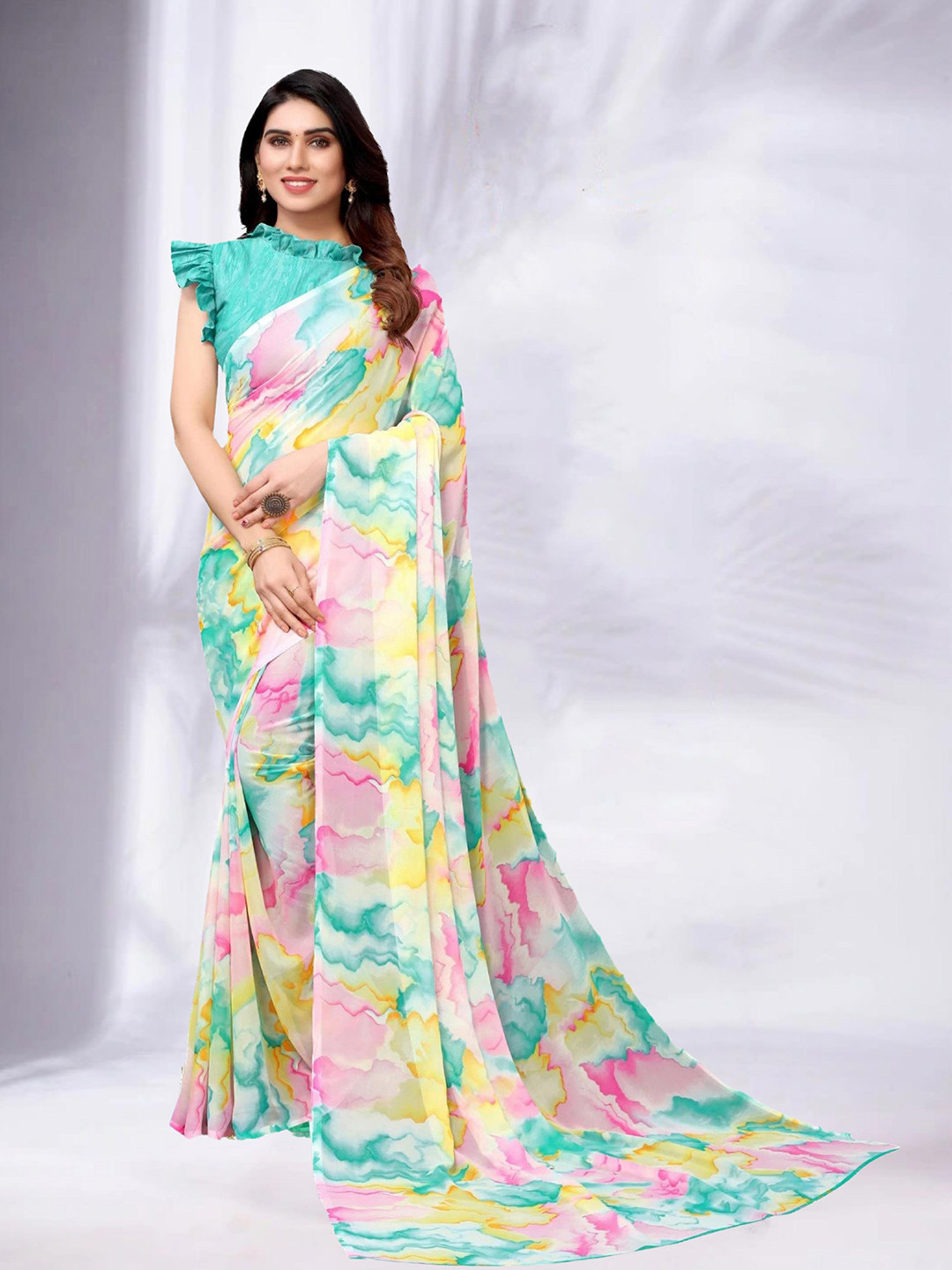 Buy MS RETAIL Blue & Yellow Tie And Dye Pure Georgette Block Print ...