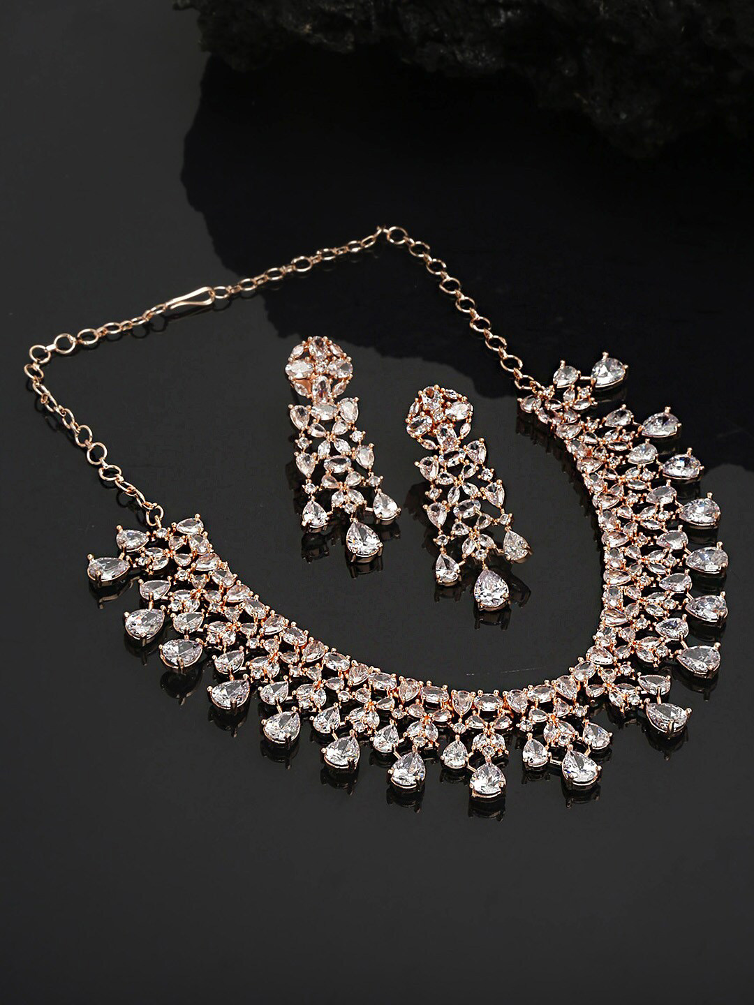 Buy Yellow Chimes Rose Gold Plated & Rose Gold AD Studded Jewellery Set ...