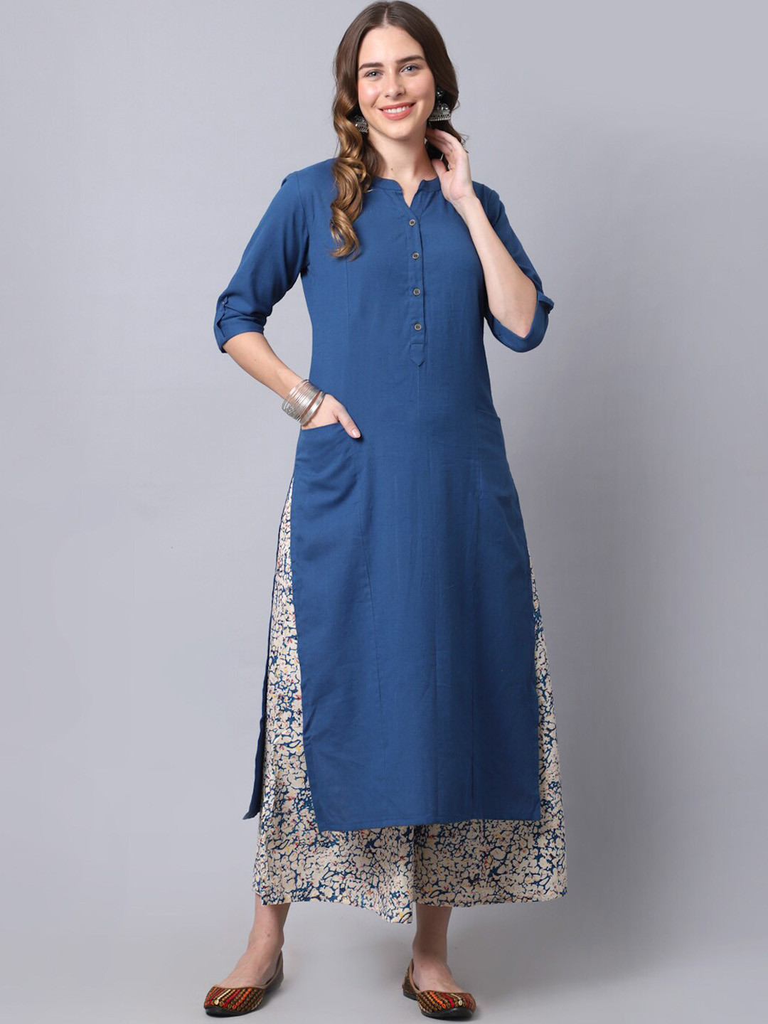 Buy Pistaa Women Blue Floral Printed Kurta With Palazzos - Kurta Sets ...