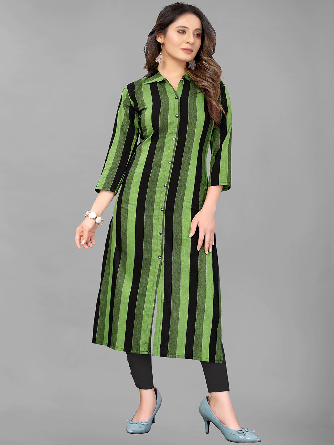 Buy GUNVANTI FAB Women Green Striped Kurta With Trouser - Kurta Sets ...