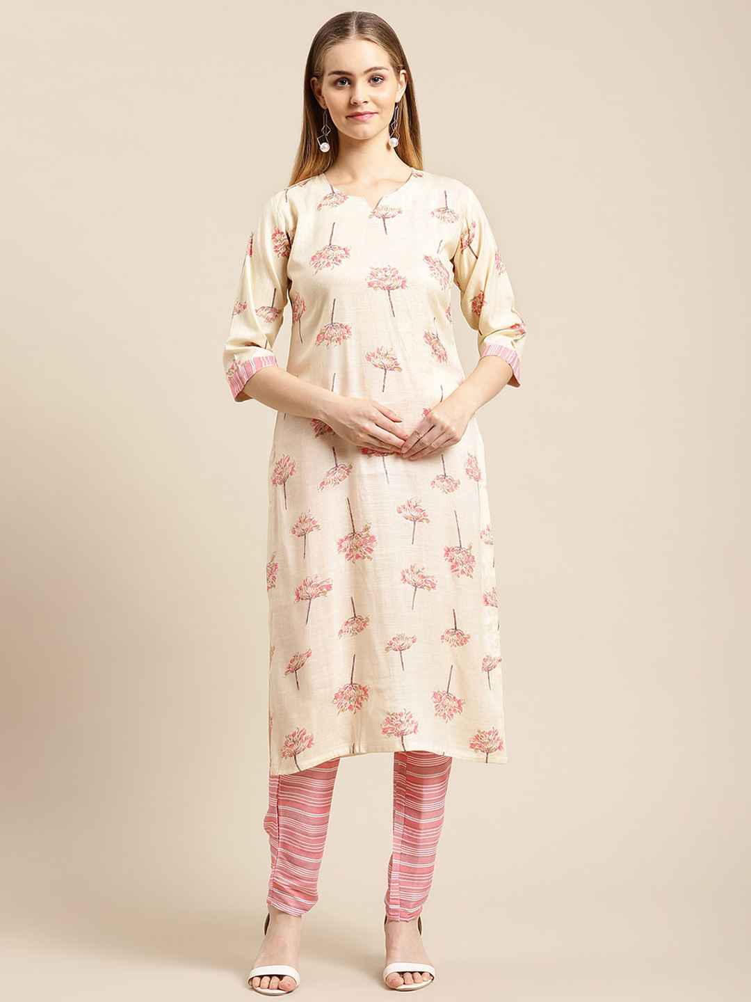 Buy GUNVANTI FAB Women Cream Coloured Floral Printed Pure Cotton Kurti ...
