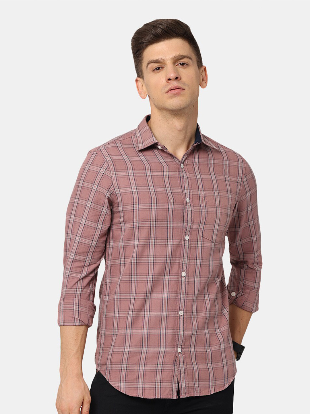 Buy NIRVAAN Men Coffee Brown Classic Slim Fit Checked Casual Shirt ...
