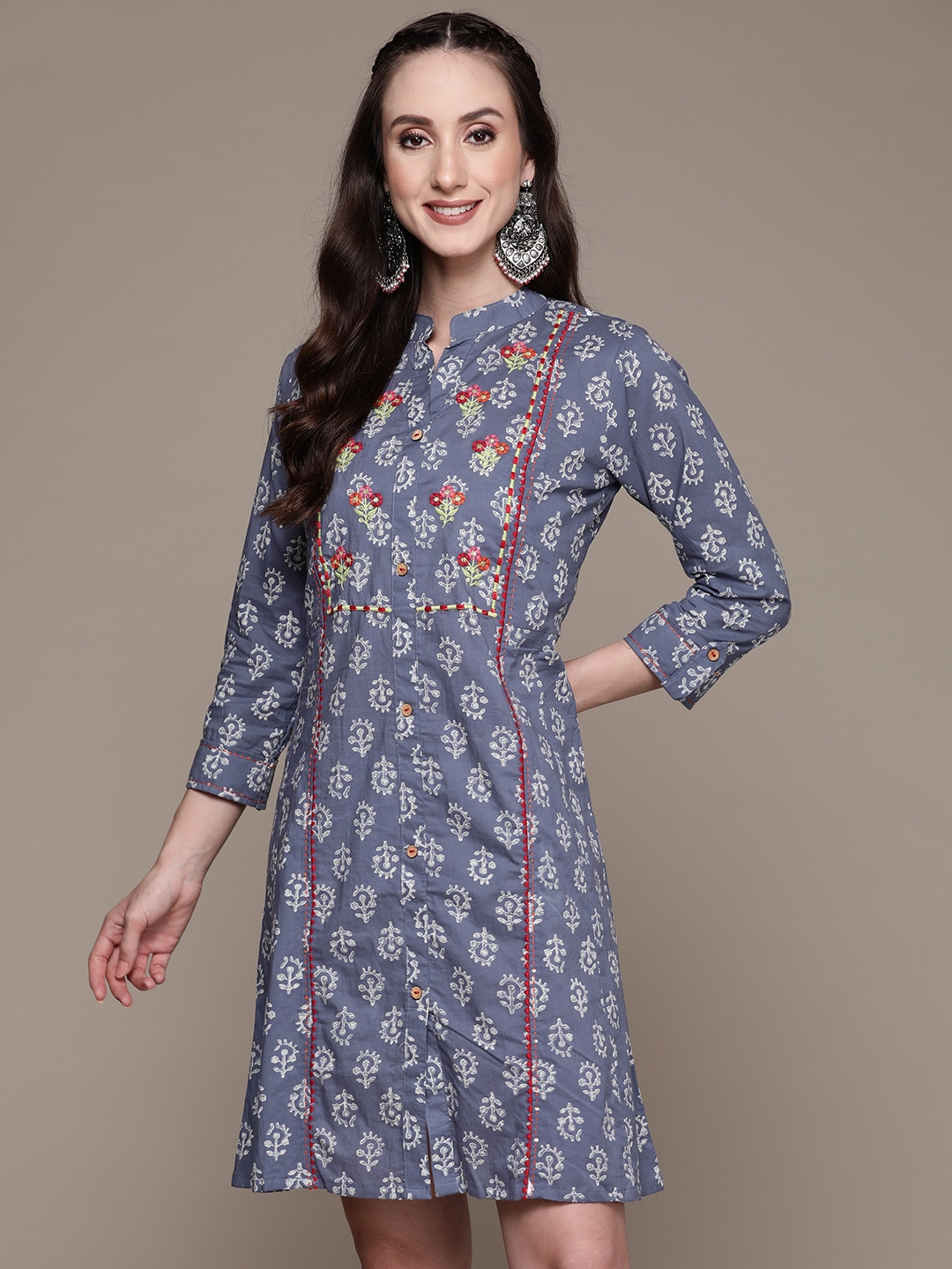 Buy Anubhutee Blue Ethnic Motifs Printed Cotton A Line Dress Ethnic