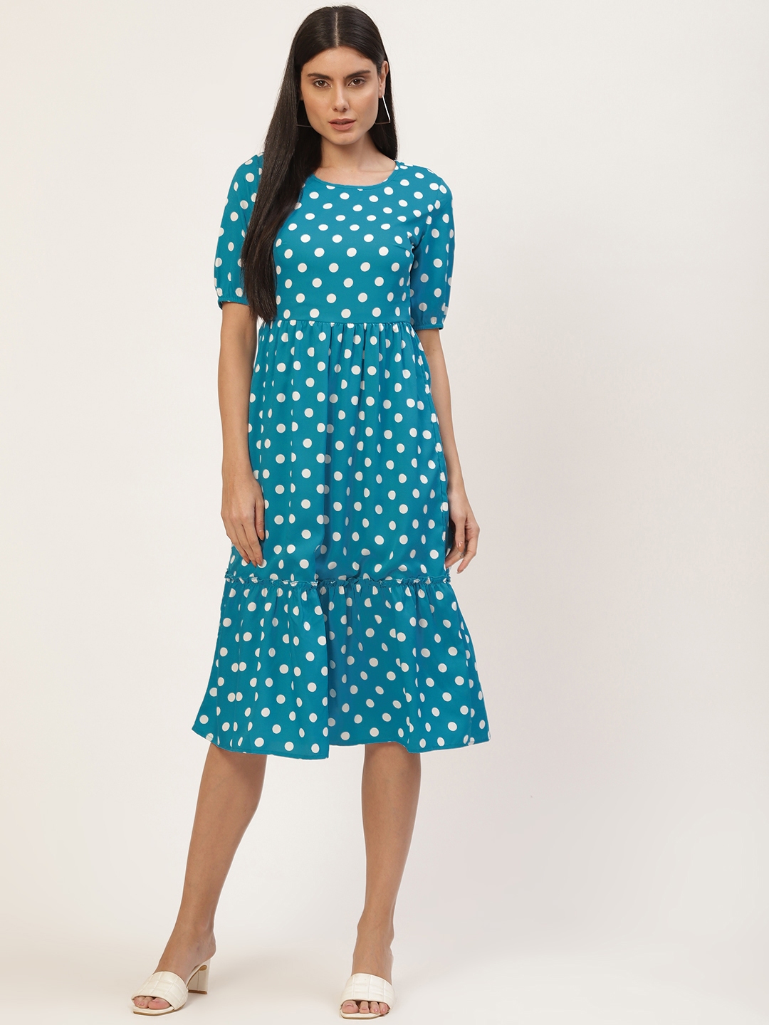 Buy Brinns Turquoise Blue And White Polka Dots Crepe A Line Midi Dress