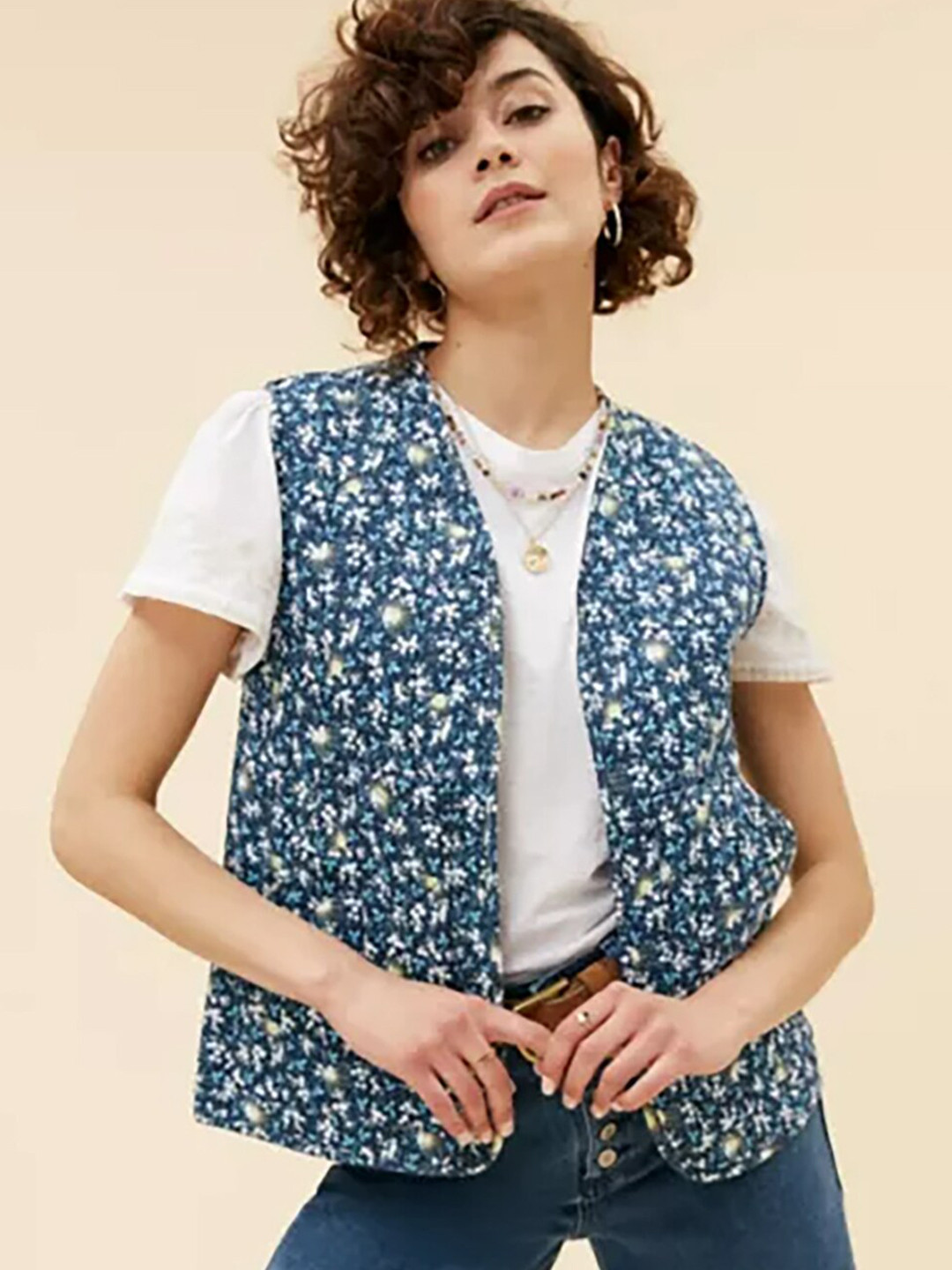 Buy Marks & Spencer Women Navy Blue Floral Longline Open Front Jacket ...