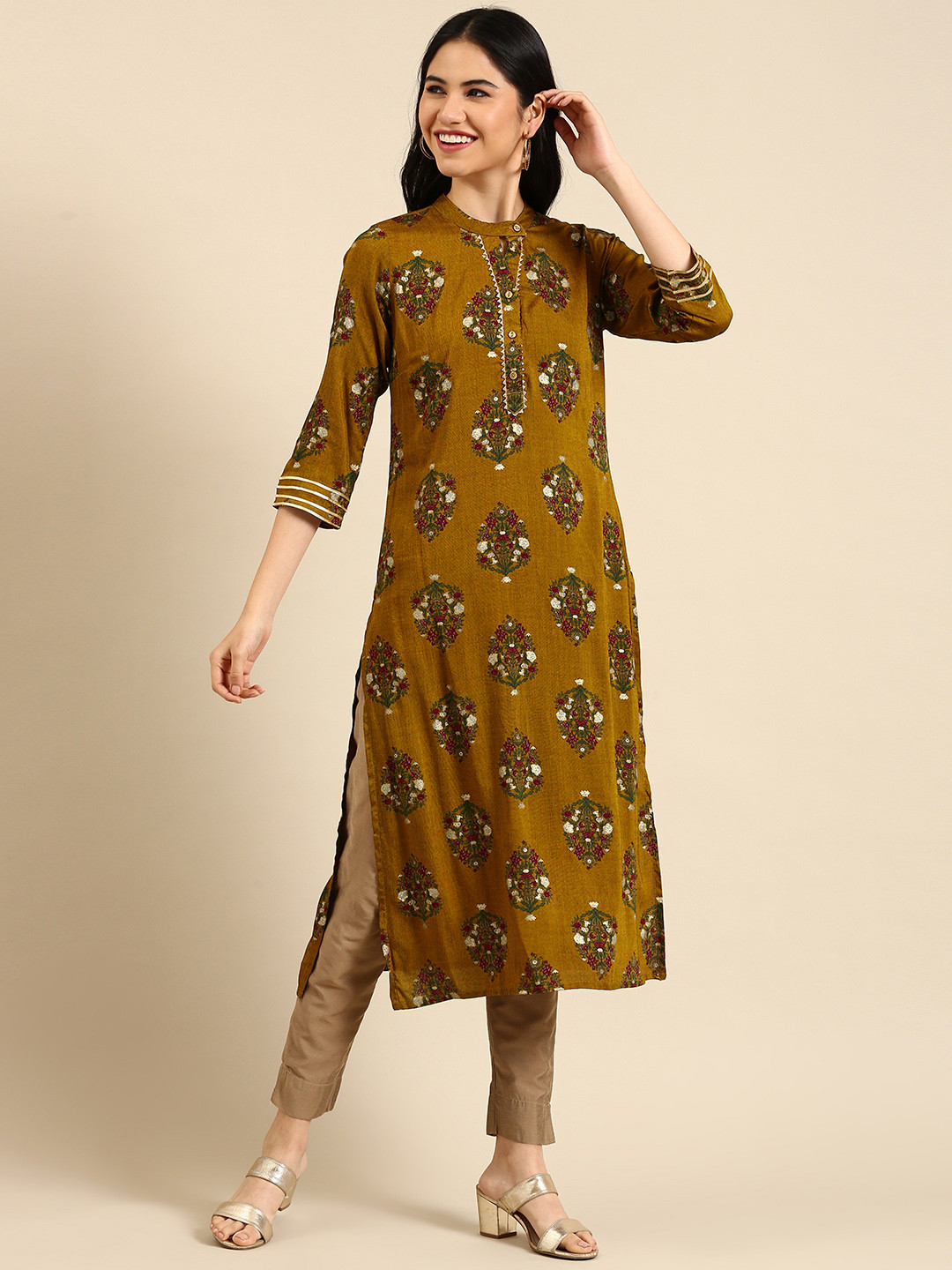Buy RANGMAYEE Women Rust Brown & Green Floral Print Cotton Gotta Patti ...