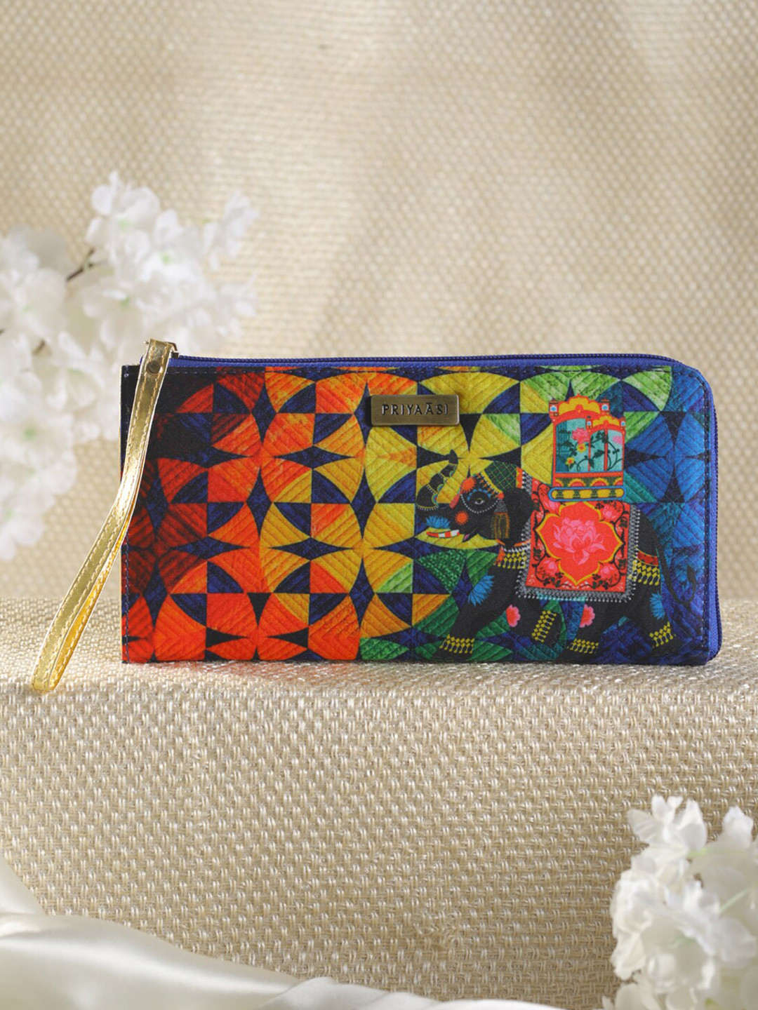 Buy Priyaasi Women Blue & Yellow Ethnic Motifs Printed Zip Around ...