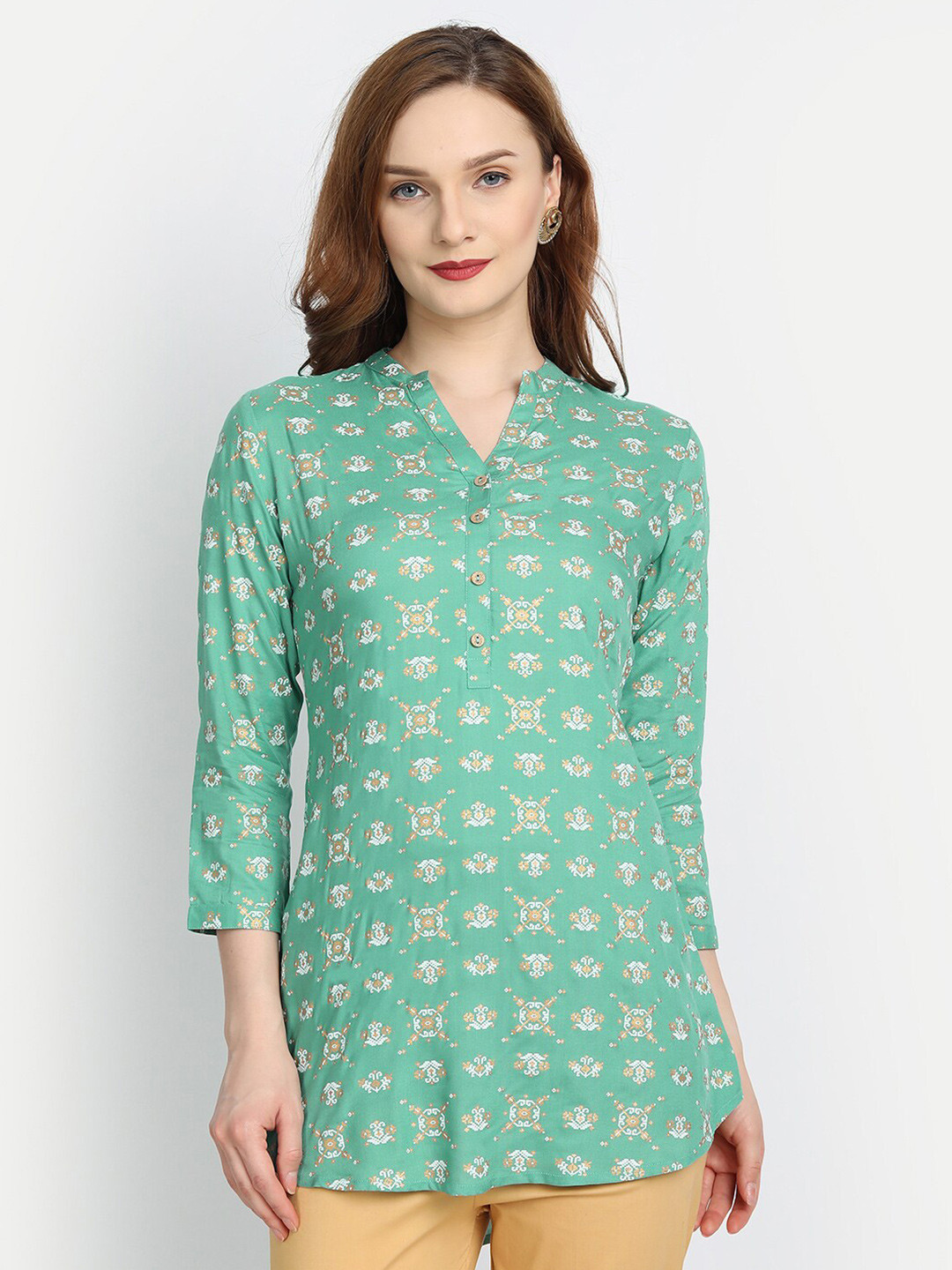 Buy SUTI Green Print Mandarin Collar Shirt Style High Low Top - Tops ...