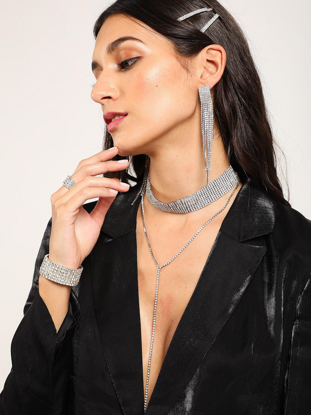 Buy SOHI Silver Toned & White Silver Plated Body Chain - Necklace And ...