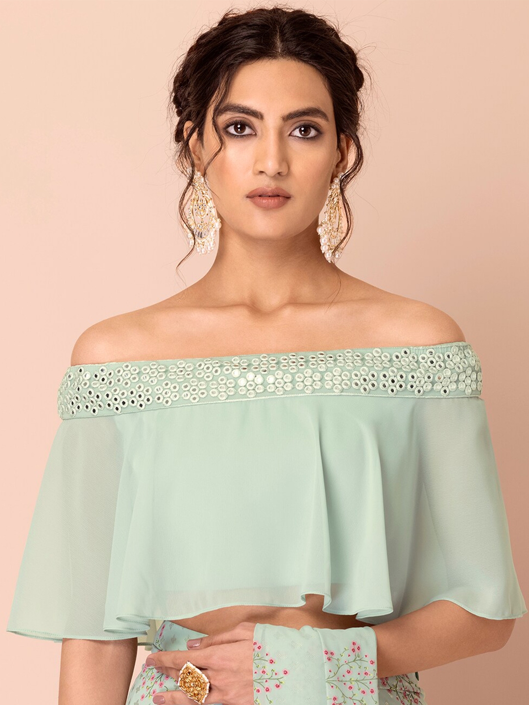 Buy Rang By Indya Women Green Solid Ruffled Off Shoulder Crop Top