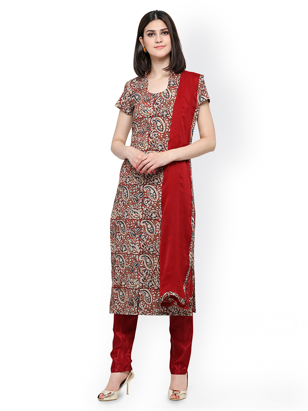 Buy Inddus Red & Beige Pure Cotton Unstitched Dress Material - Dress ...