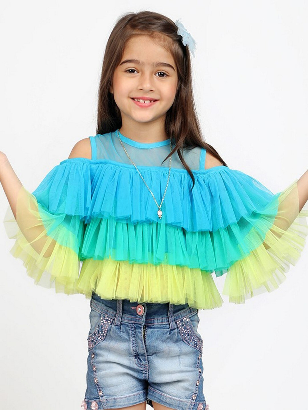 Buy Jelly Jones Kids Blue & Green Layered Pure Cotton Blouson Top ...