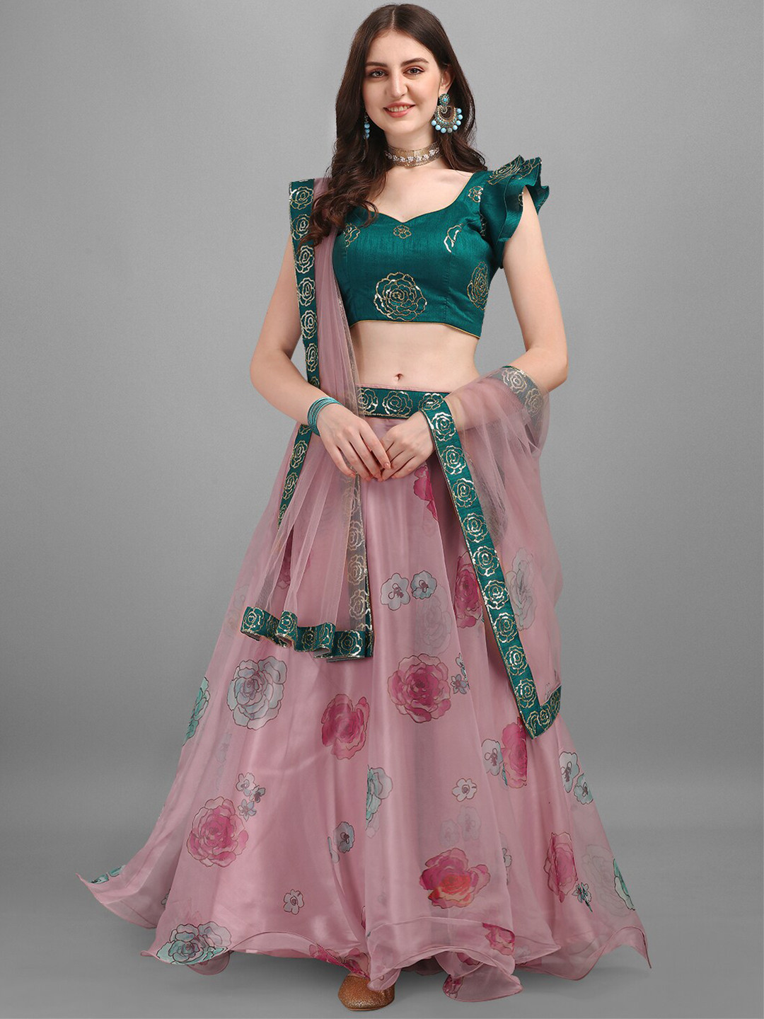 Buy Fashionuma Pink & Green Printed Semi Stitched Lehenga & Unstitched ...