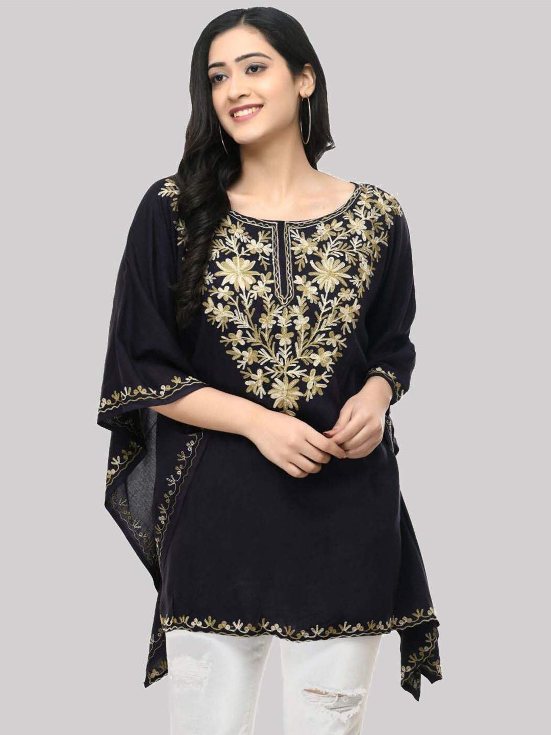 Buy SAAKAA Women Black Floral Embroidered Kaftan Top - Tops for Women ...