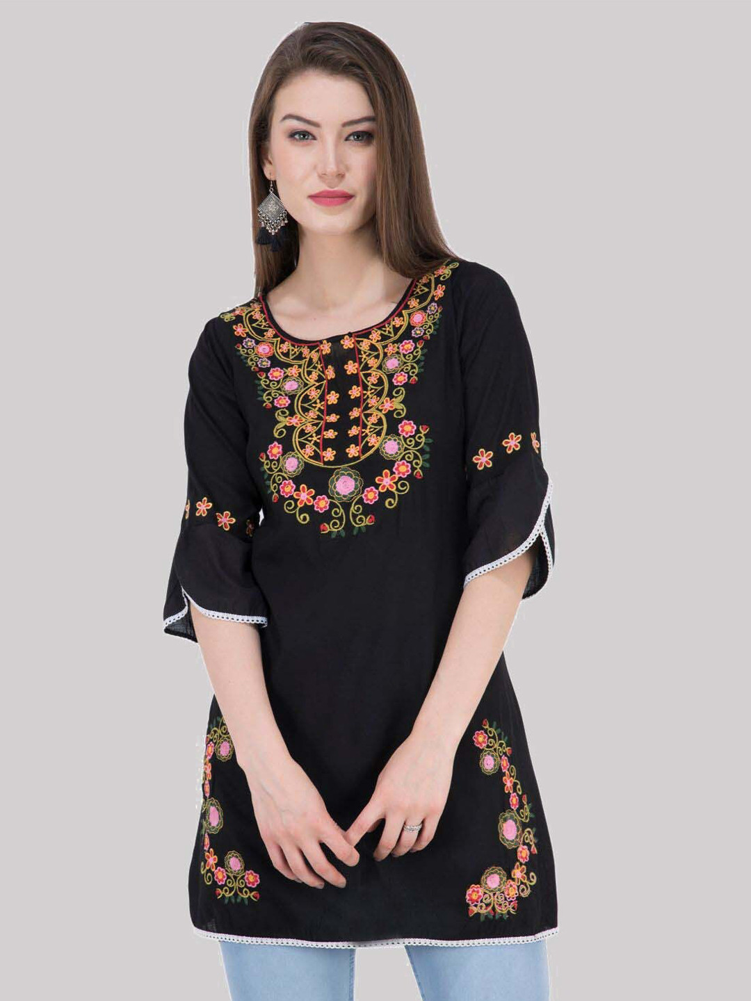 Buy SAAKAA Women Black Floral Embroidered Polyester Top - Tops for ...