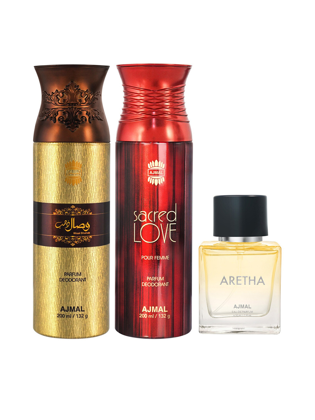 Buy Ajmal Set Of 3 Wisal Dhahab Deodorant, Sacred Love Femme Deo ...