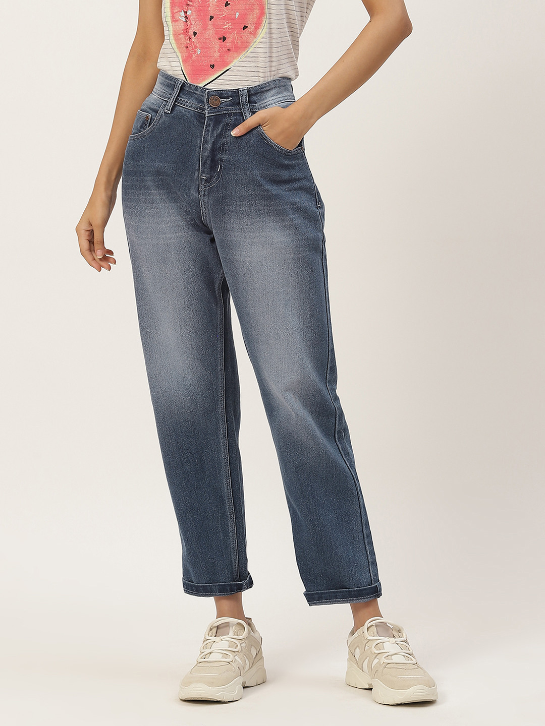 Buy PARIS HAMILTON Women Blue Boyfriend Fit High Rise Heavy Fade Acid ...