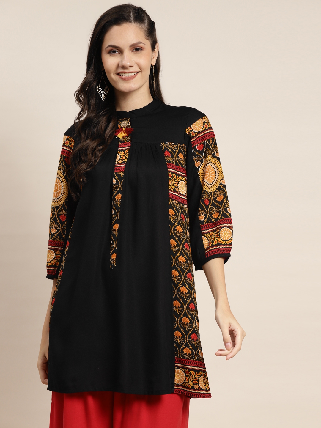 Buy Rain And Rainbow Black And Mustard Yellow Ethnic Motifs Printed Kurti