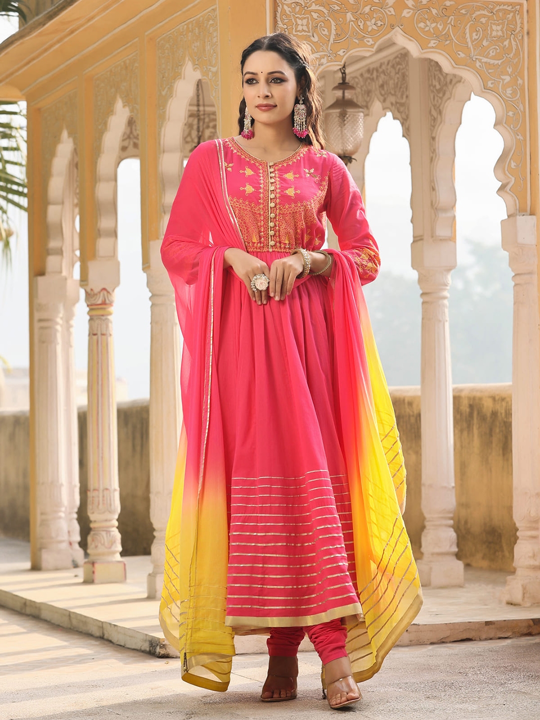Buy Rain And Rainbow Women Pink Embroidered Pure Cotton Anarkali Kurta