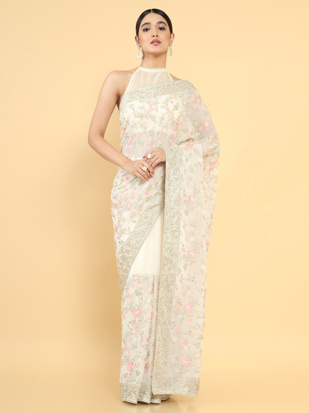 Buy Soch Cream Coloured & Pink Floral Embroidered Pure Georgette Saree ... Buy Soch Cream Coloured & Pink Floral Embroidered Pure Georgette Saree ...