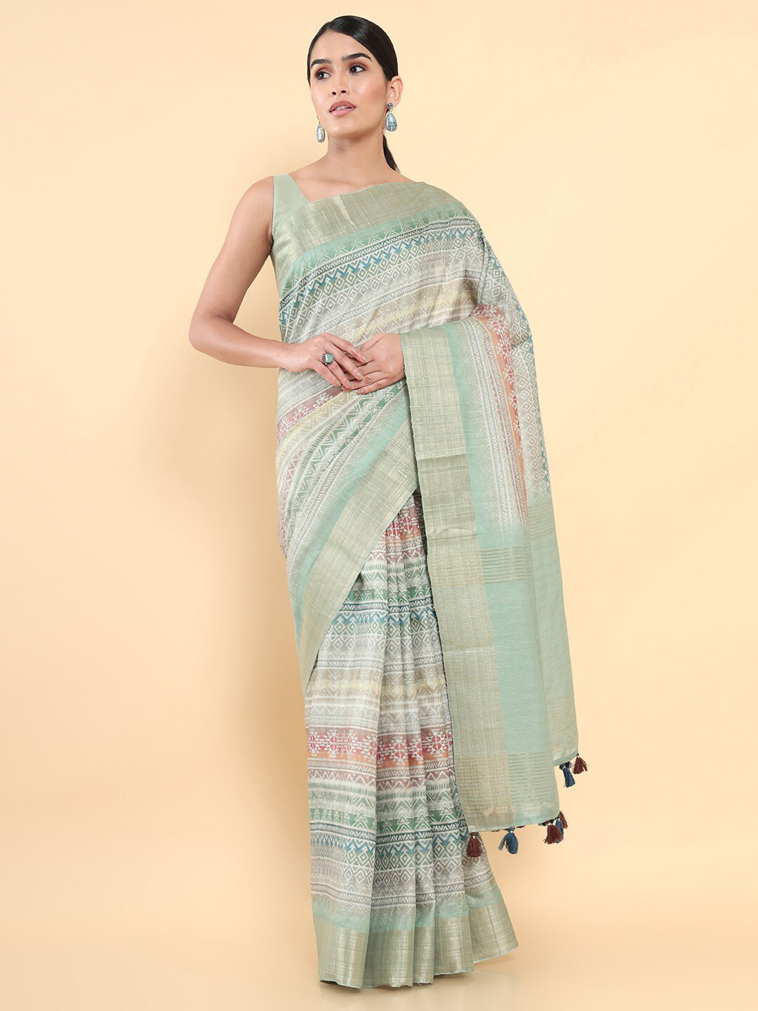 Buy Soch Green & Pink Woven Design Zari Pure Silk Tussar Saree - Sarees ...