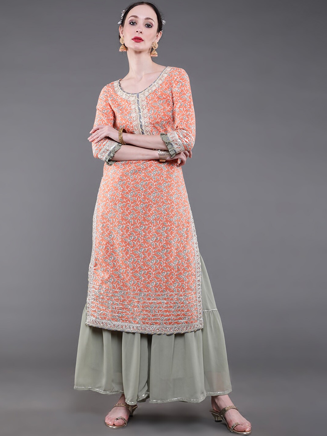 Buy Saubhagya Women Peach Coloured & Grey Floral Printed Kurta - Kurtas ... Buy Saubhagya Women Peach Coloured & Grey Floral Printed Kurta - Kurtas ...