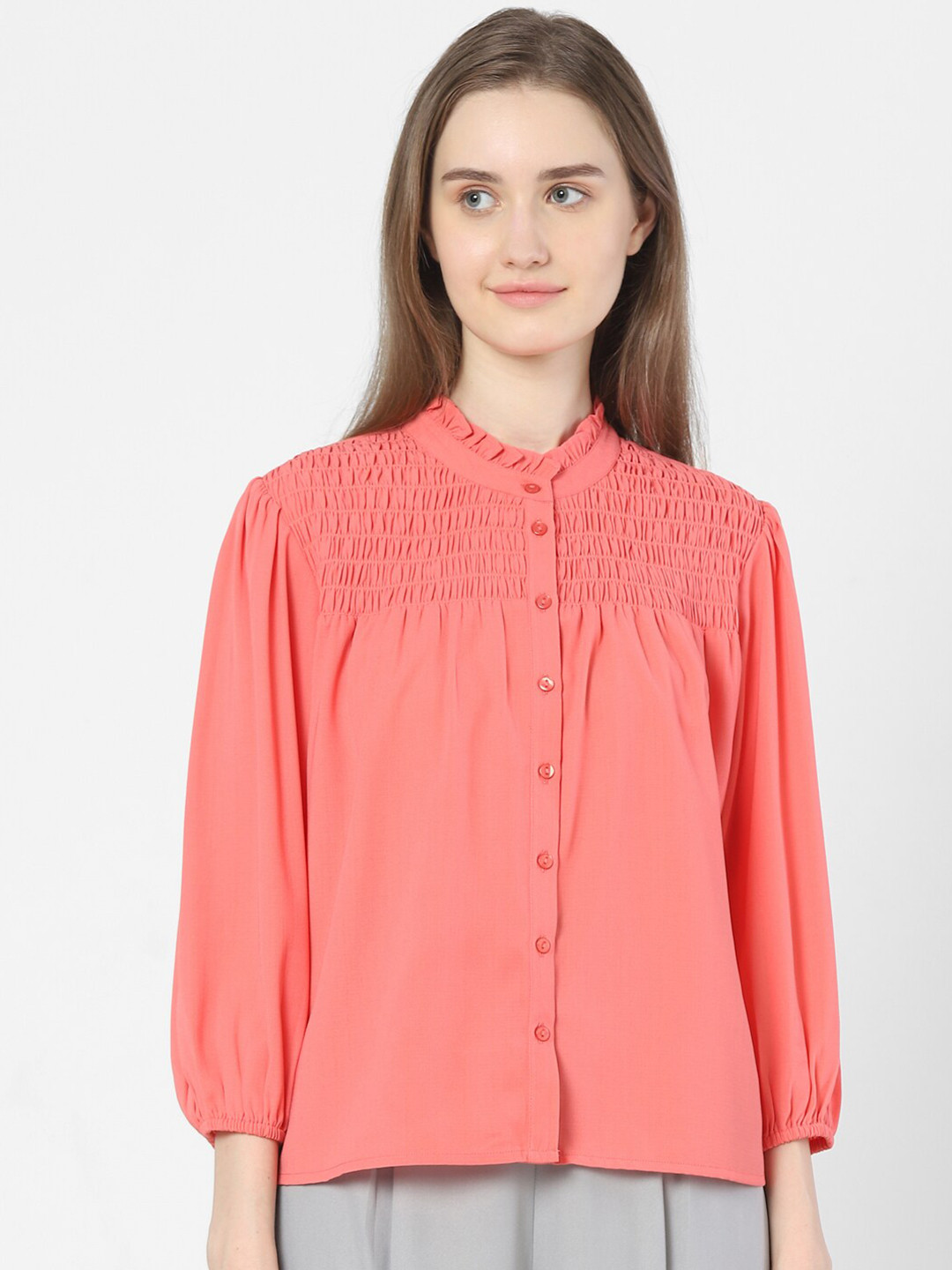 Buy Vero Moda Peach Coloured Mandarin Collar Smocked Shirt Style Top ...