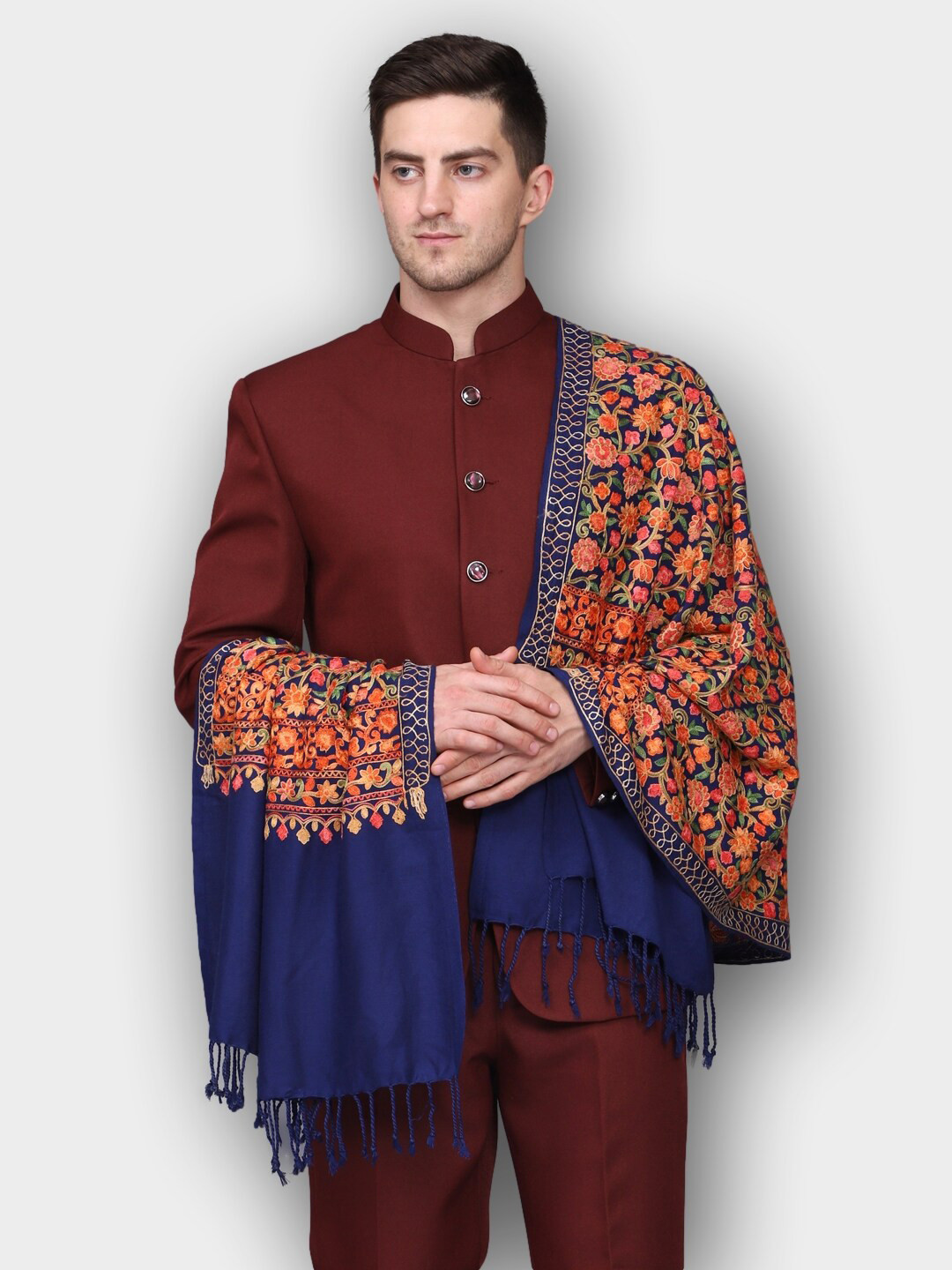 Buy WEAVERS VILLA Men Navy Blue & Yellow Embroidered Stole - Stoles for ...