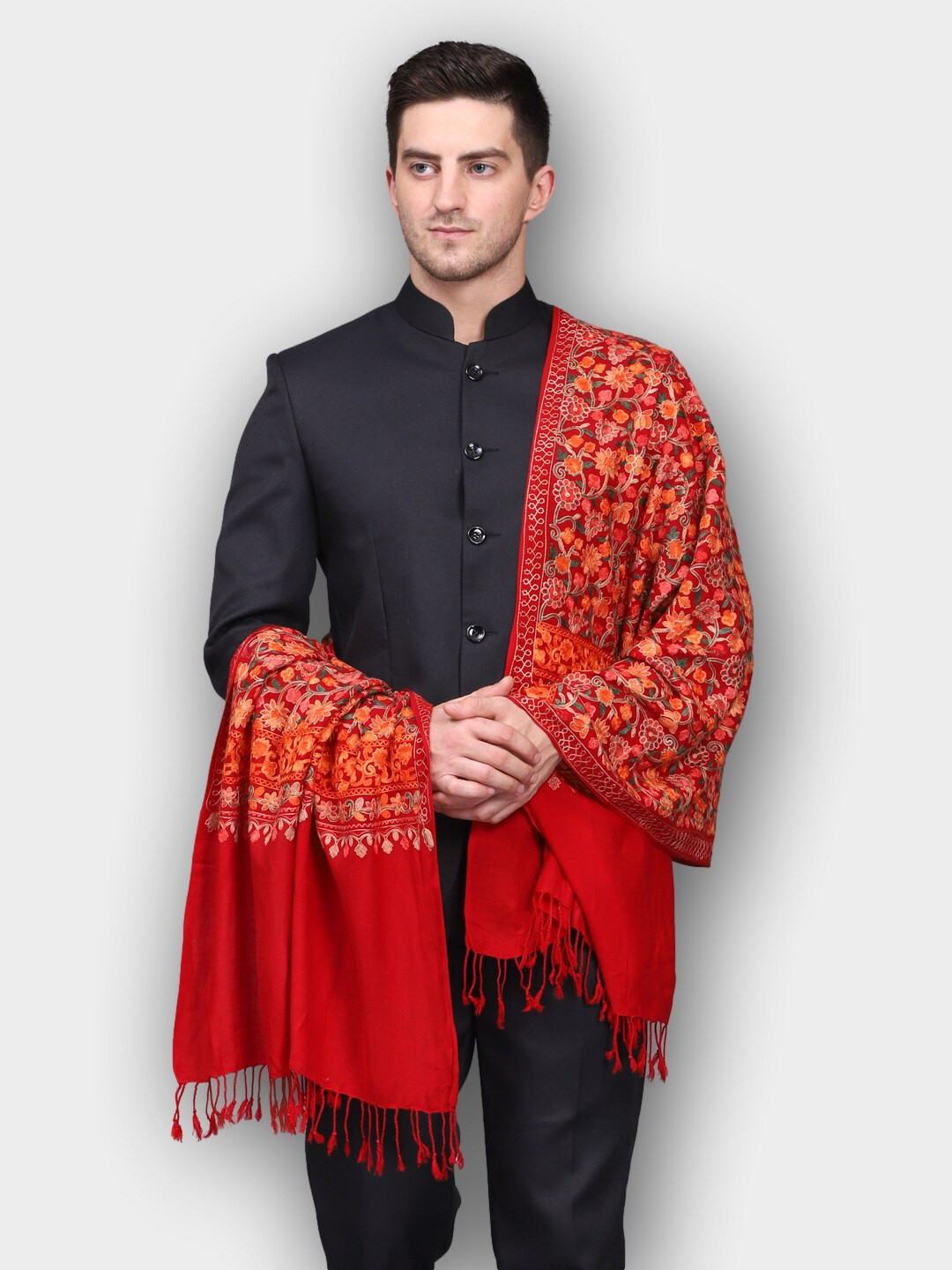 Buy WEAVERS VILLA Men Red & Orange Embroidered Stole - Stoles for Men ...