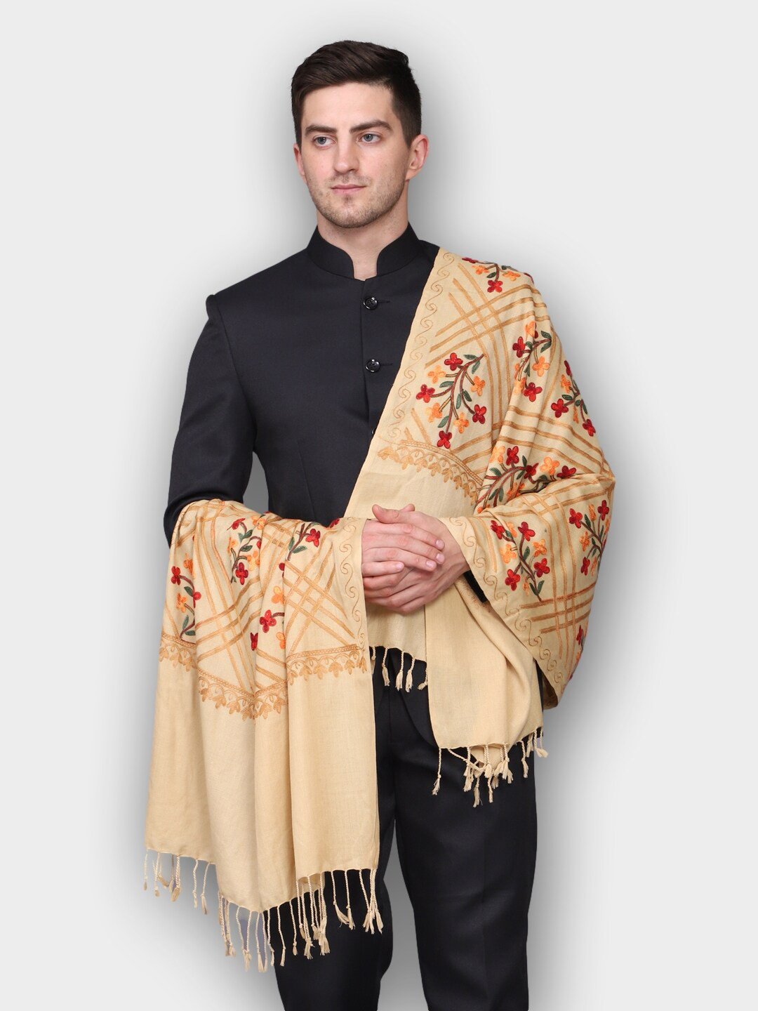 Buy WEAVERS VILLA Men Beige & Red Embroidered Stole - Stoles for Men ...