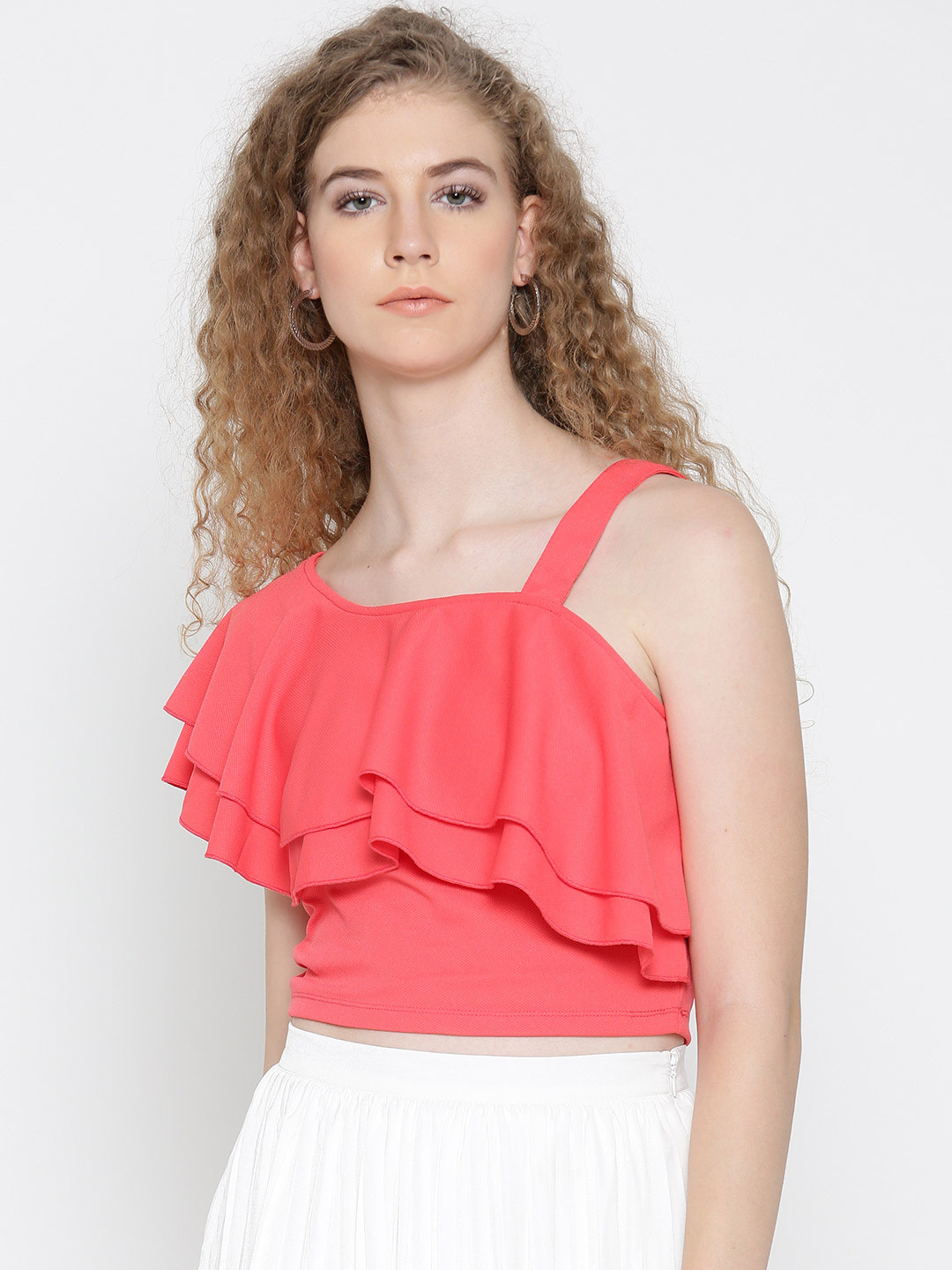 Buy Veni Vidi Vici Women Coral Pink Solid Layered Crop Top - Tops for ...