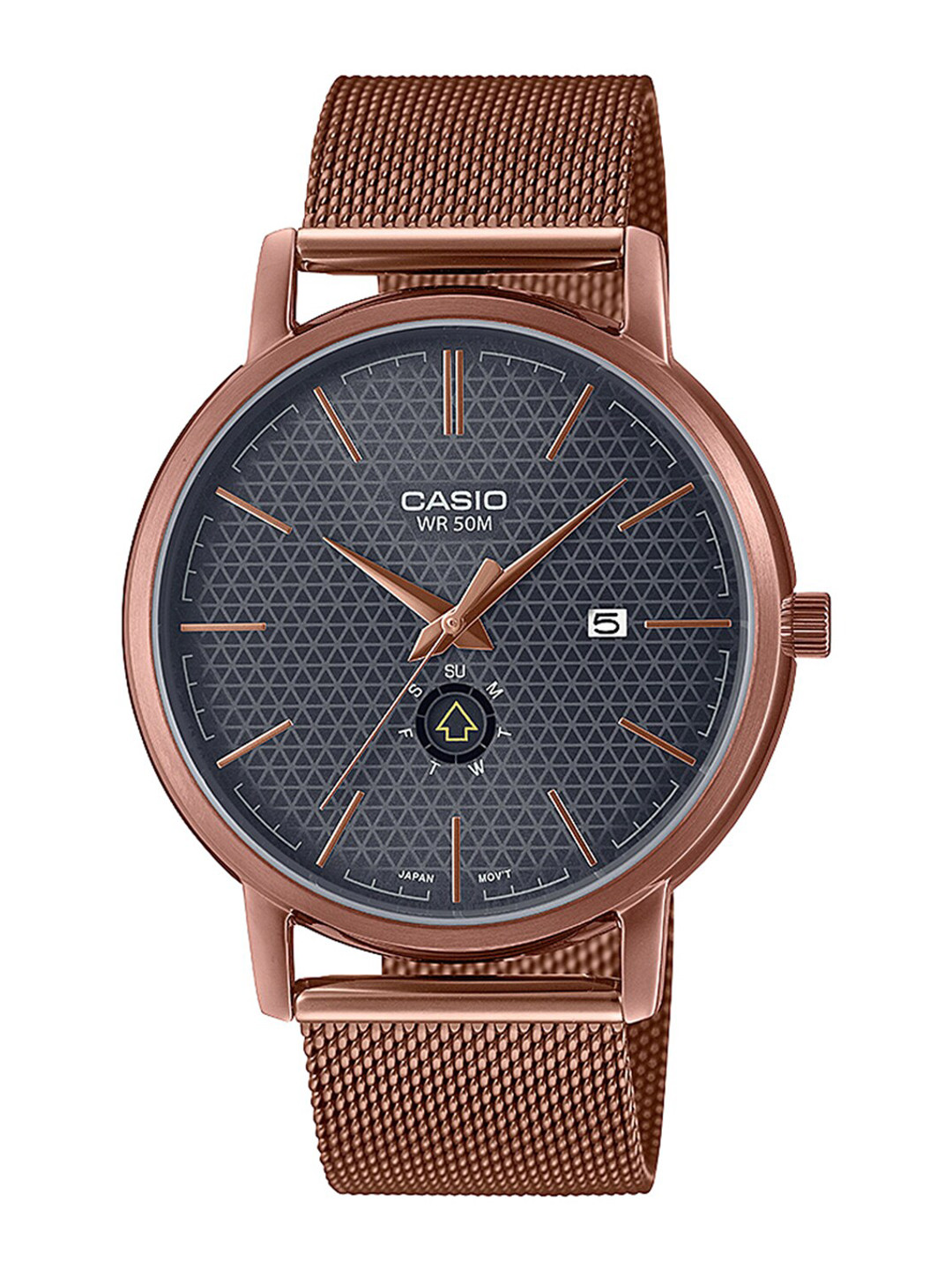 Buy CASIO Men Black Textured Dial & Rose Gold Toned Steel Straps ...