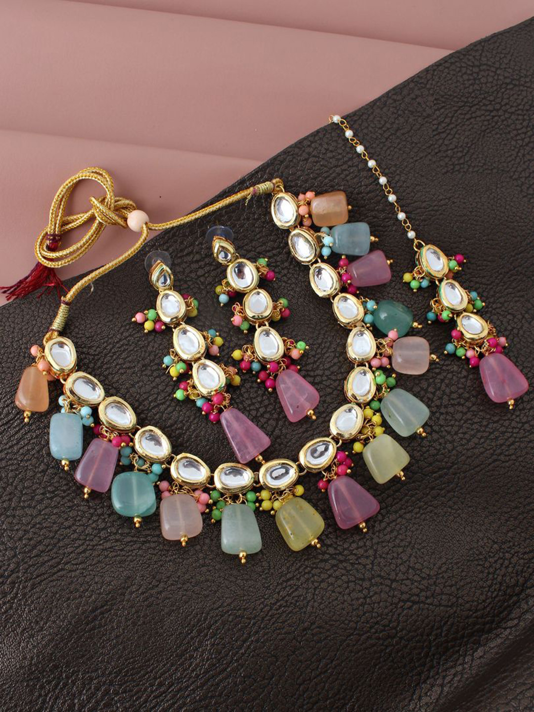 Buy LUCKY JEWELLERY Gold Plated Multi Coloured Kundan Studded Jewellery ...