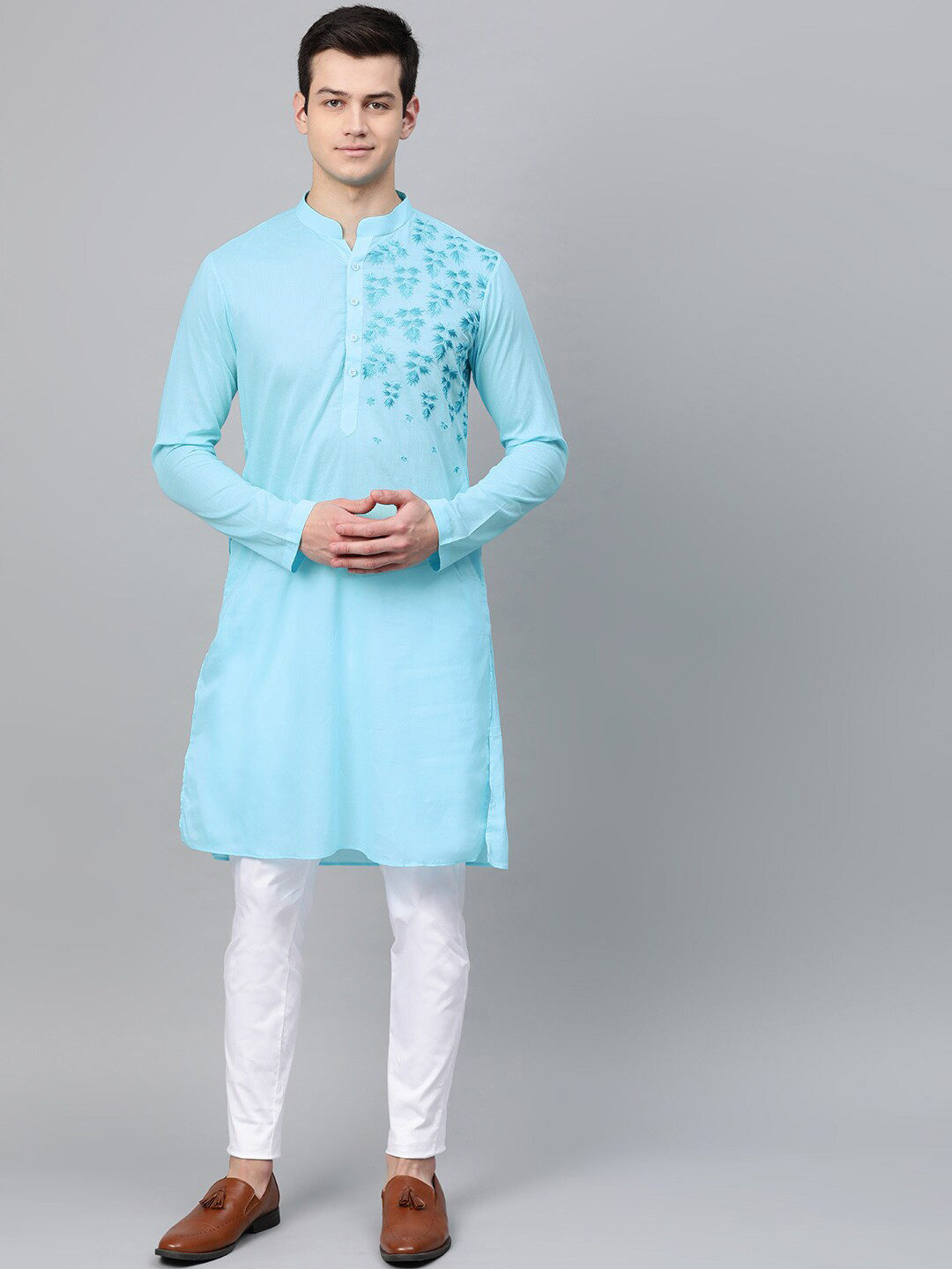 Buy See Designs Men Turquoise Blue Embroidered Cotton Straight Kurta ...
