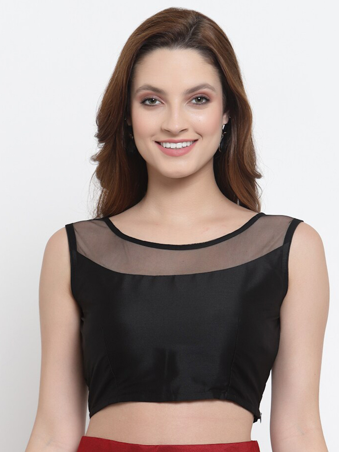 Buy NEUDIS Women Black Sheen Sheer Silk Black Fitted Blouson Crop Top ...