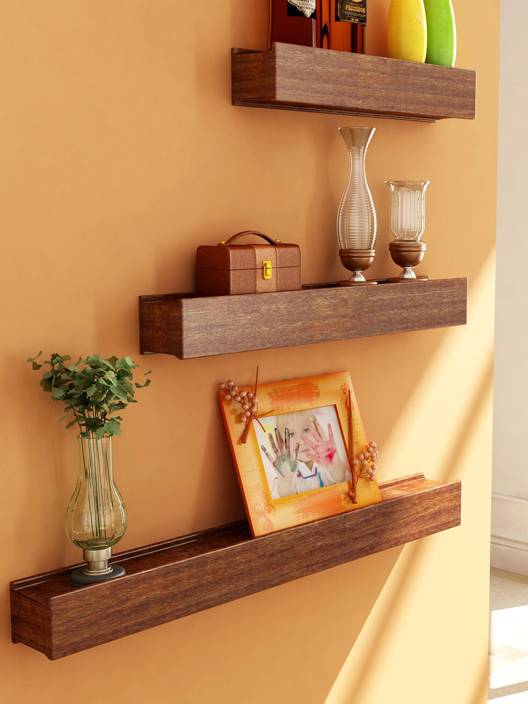 Buy Home Sparkle Set Of 3 Brown MDF Basic Wall Shelf - Wall Shelves for ...