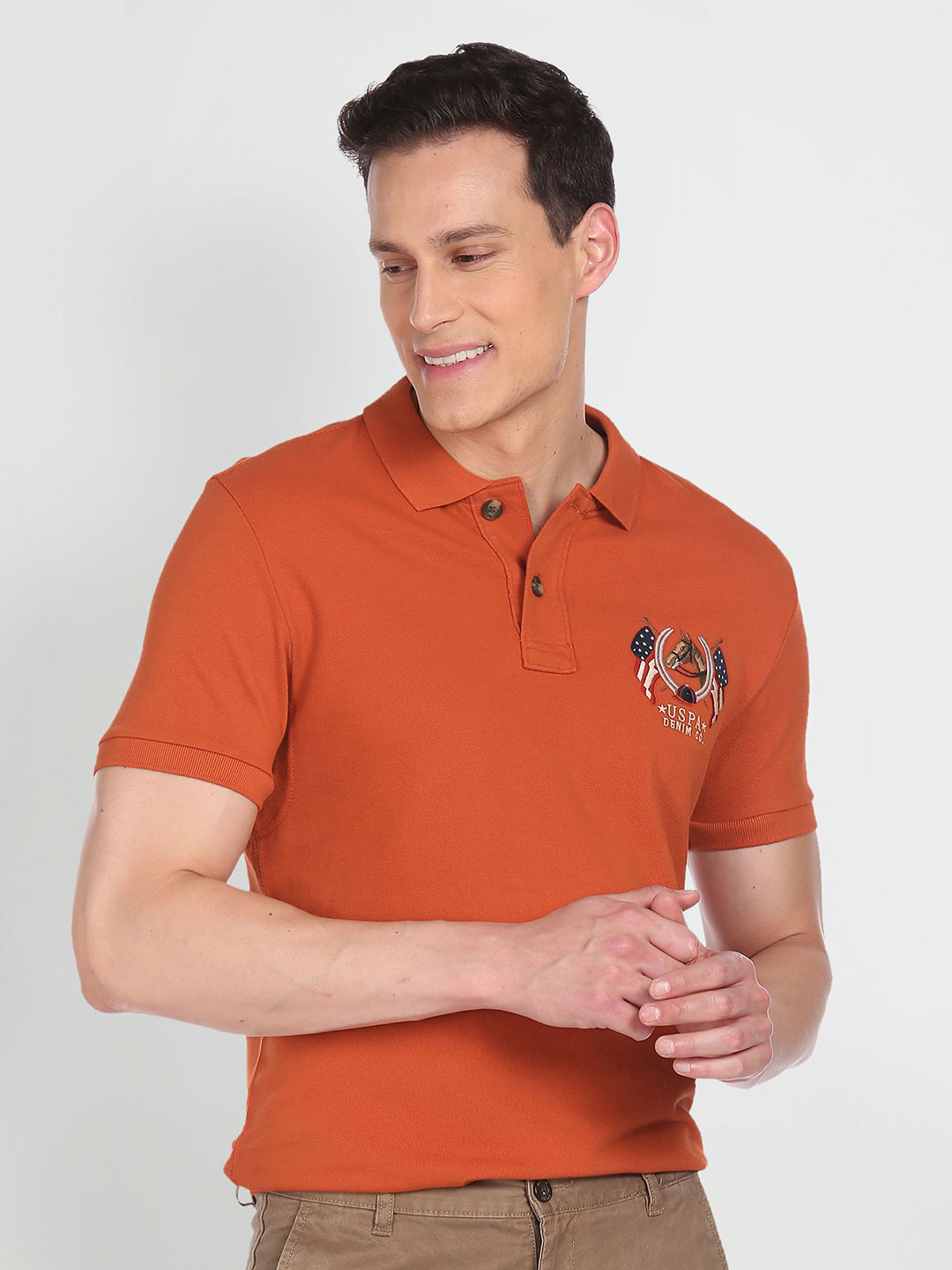 Buy U S Polo Assn Denim Co Men Rust Pure Cotton Brand Logo Printed Polo ...