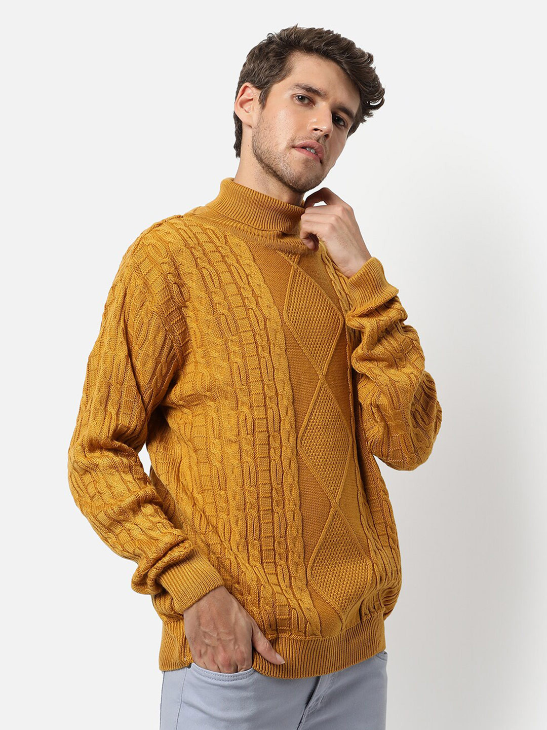 Buy Campus Sutra Men Mustard Cable Knit Pullover - Sweaters for Men ...