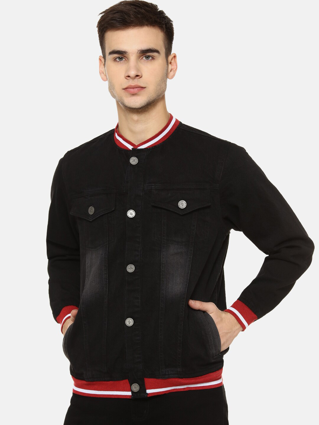 Buy Campus Sutra Men Black Washed Striped Windcheater Denim Jacket ...