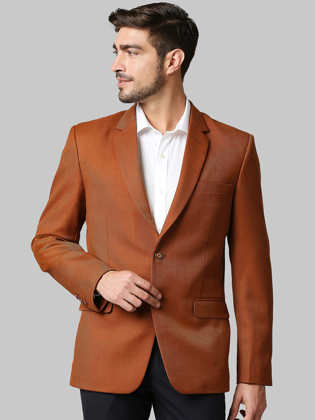 Buy Raymond Men Orange Solid Polyester Regular Fit Single Breasted ...