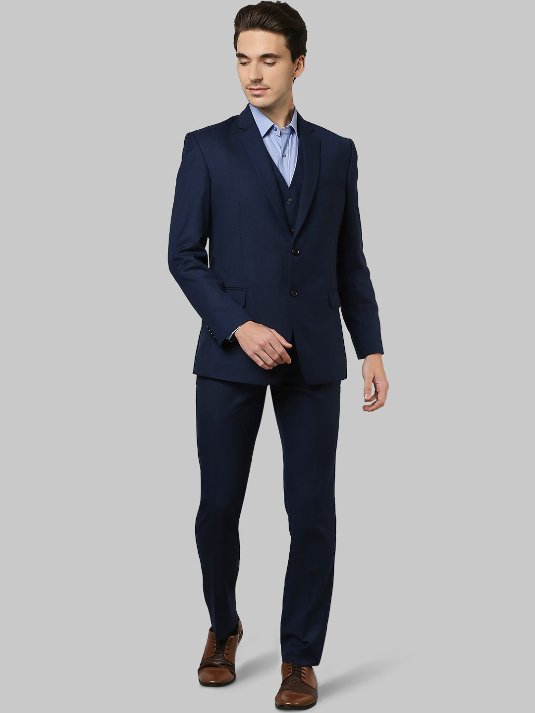 Buy Raymond Men Blue Solid Single Breasted Three Piece Formal Suit ...