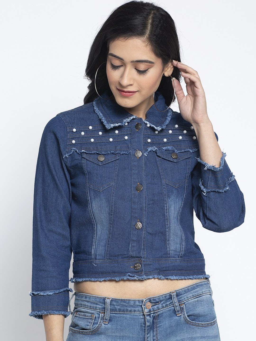 Buy Miaz Lifestyle Women Navy Blue Washed Lightweight Crop Cotton Denim ...