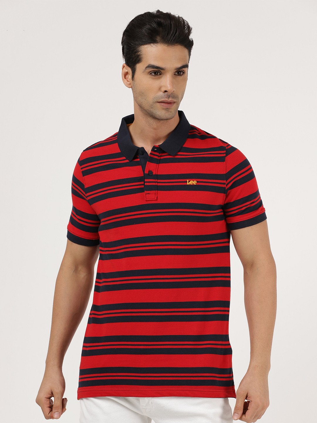 Buy Lee Men Navy Blue & Red Striped Polo Collar Cotton T Shirt ...