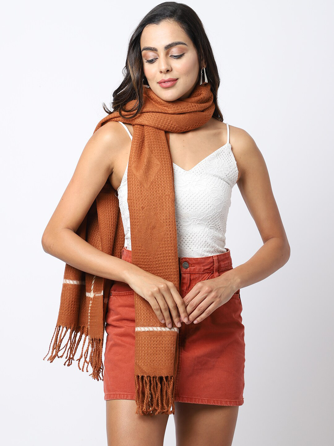 Buy ELLIS Women Brown & White Checked Muffler - Mufflers for Women ...