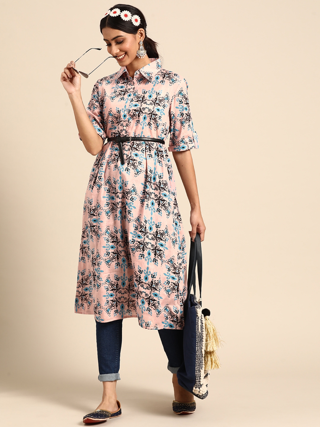 Buy Sangria Women Peach Coloured And Blue Pure Cotton Ethnic Motifs Print