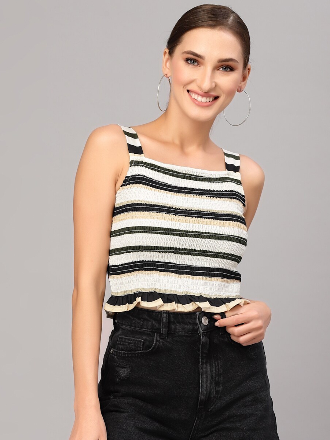 Buy Style Quotient Women White And Black Colourblocked Crepe Crop Top